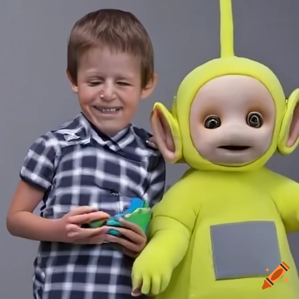 Female teletubby playfully offering to carry a boy on Craiyon