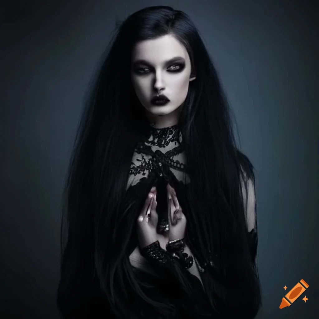 Gothic fashion model with long dark hair and fangs on Craiyon