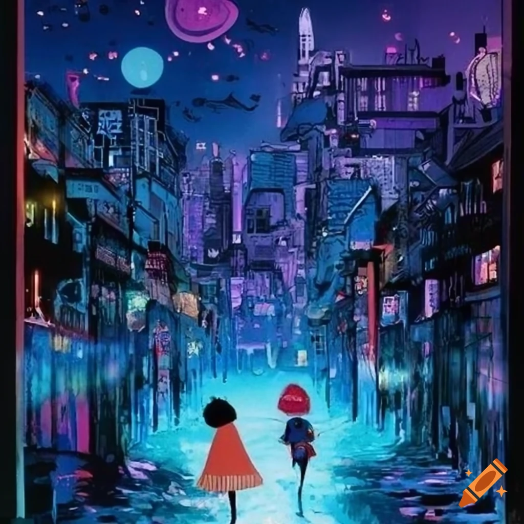 Lo-fi fantasy movie poster for midnight city by chiho aoshima on Craiyon