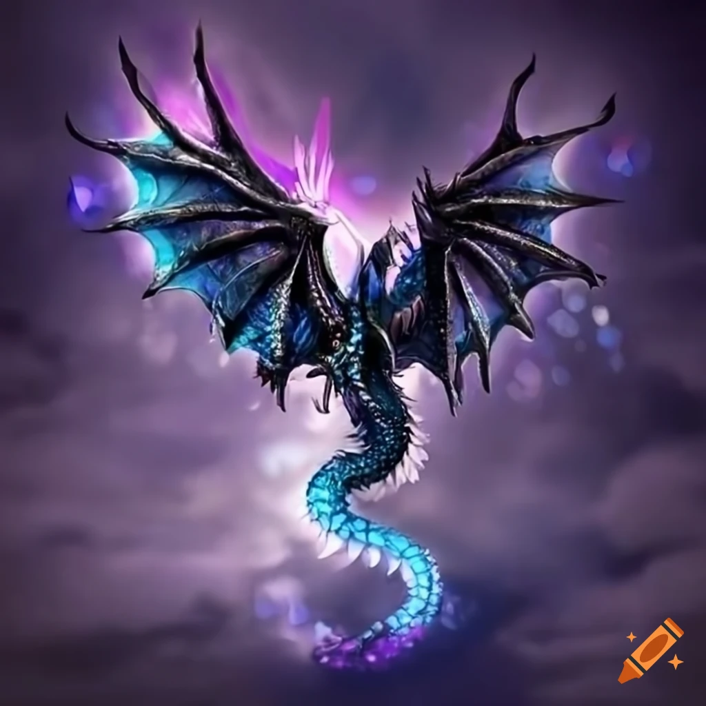 Mythical diamond dragon with black crystal wings flying in the sky on ...