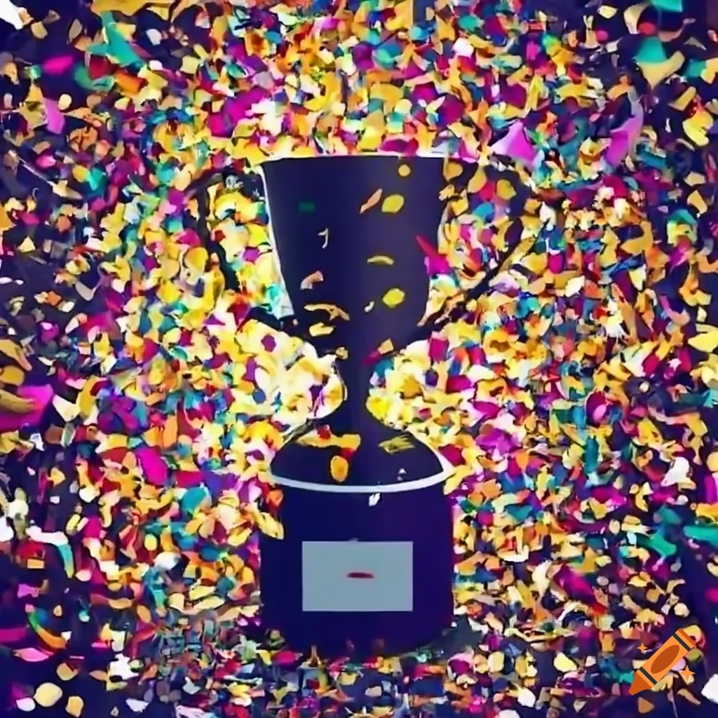 Triumphant winner holding a trophy amidst a vibrant confetti crowd on ...