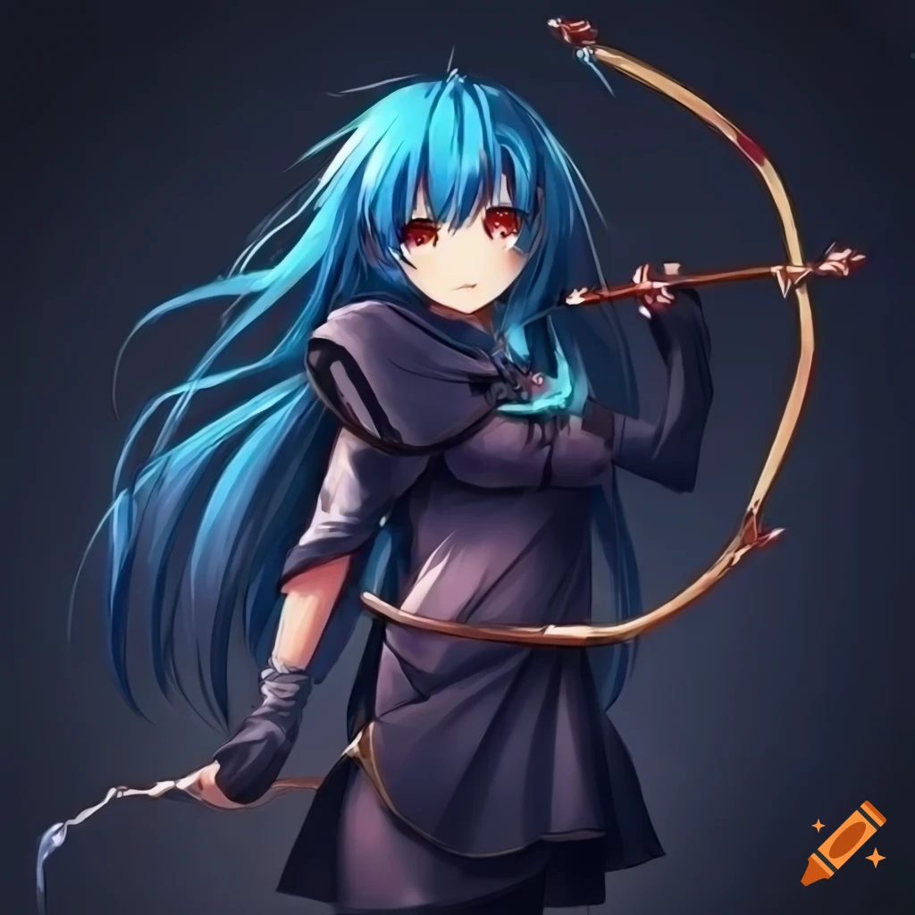 Anime girl with blue hair and red eyes in cloak with bow and arrow on ...