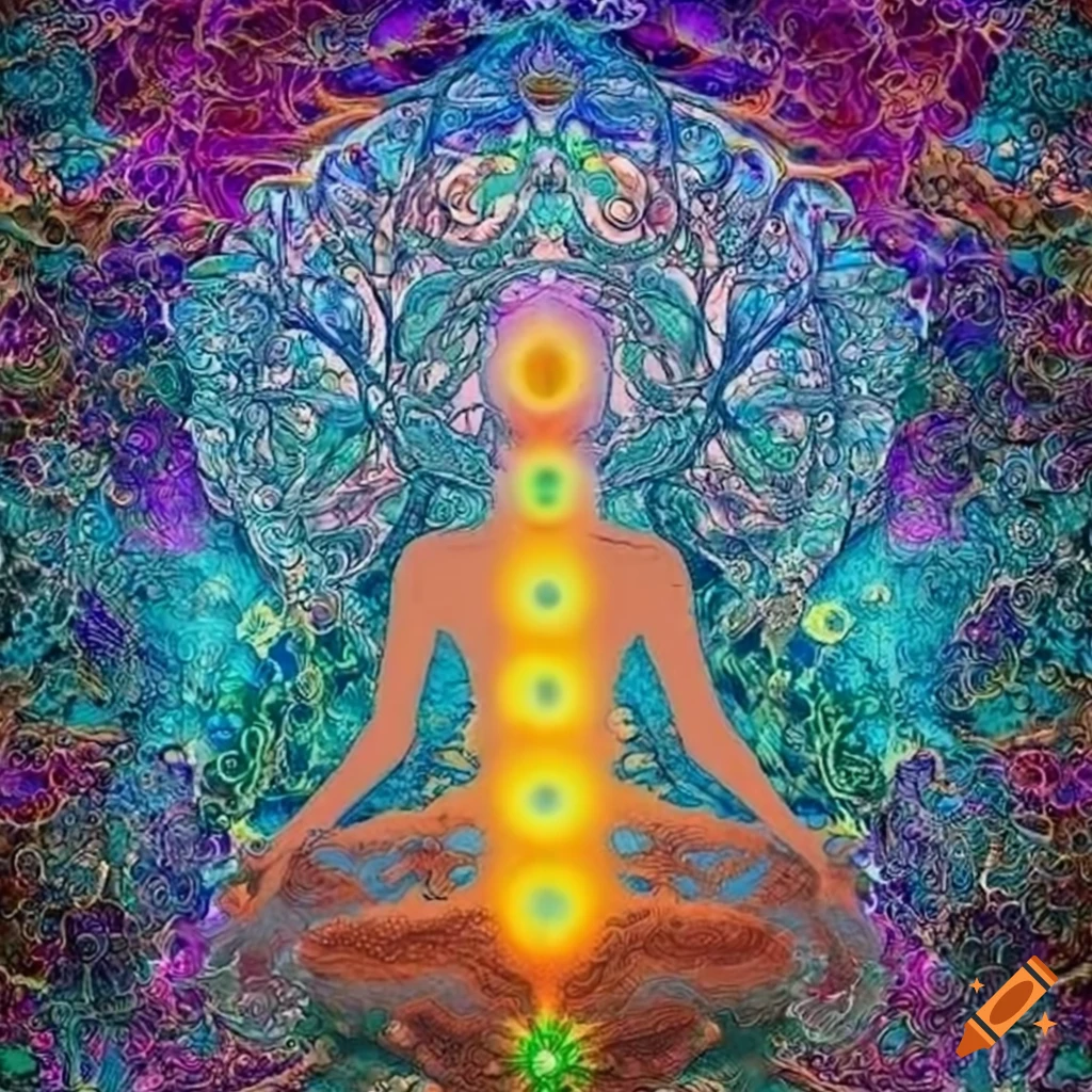 Intricate illustration of the tree of life intertwined with chakras on ...