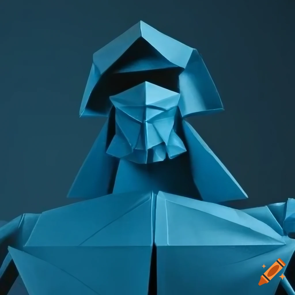 Origami high poly samurai on blue wood background on Craiyon