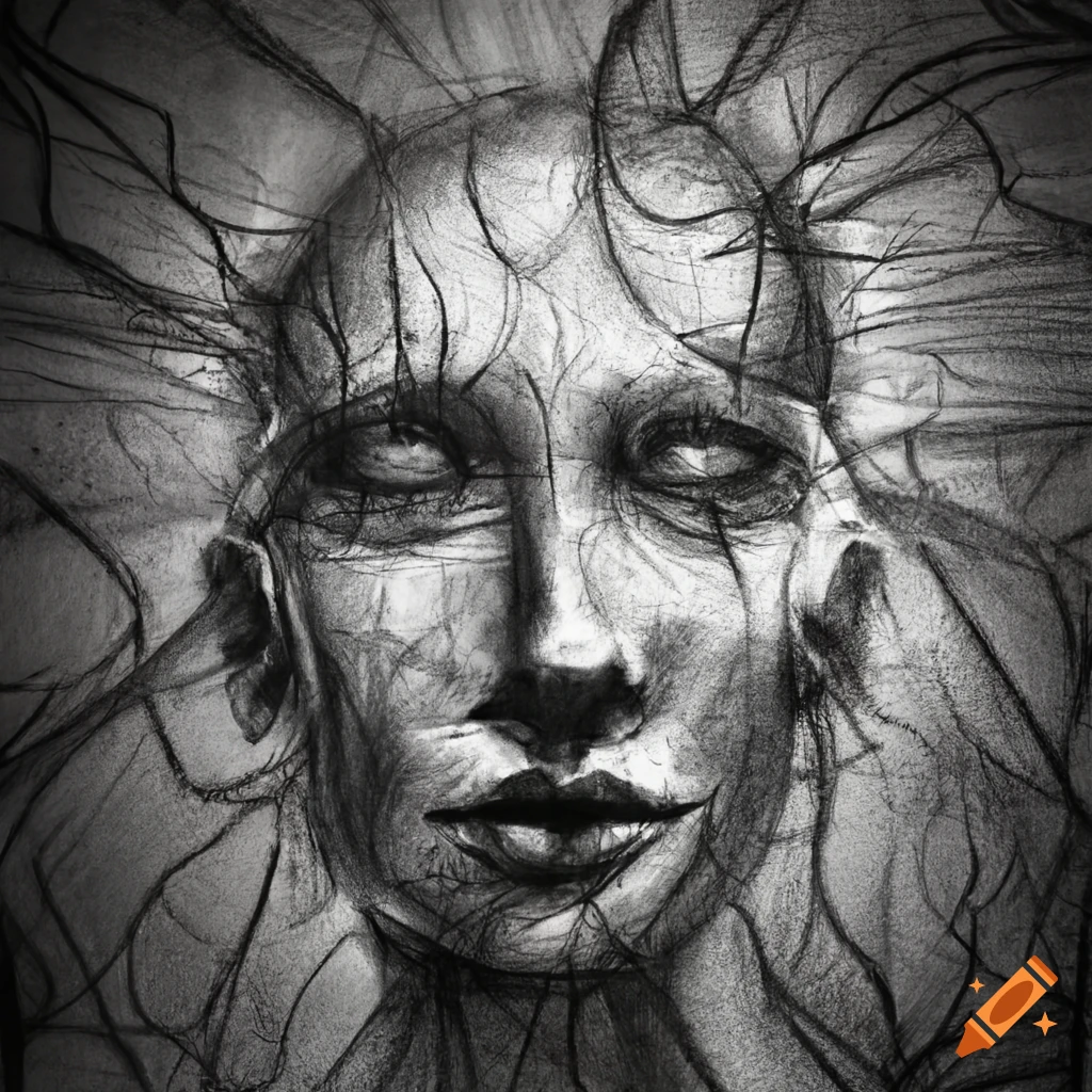 Charcoal and graphite sketch depicting rage and passion in hyper ...