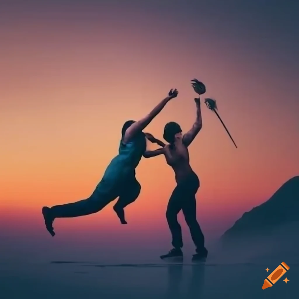 Person fighting with a spoon in rocky mountains during sundown on Craiyon