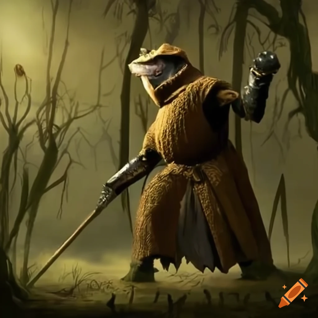 Alligator humanoid in medieval armor wields a mace in a swamp on Craiyon