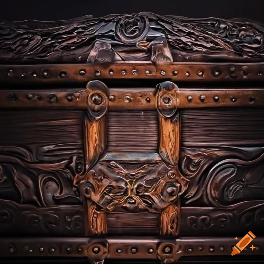 Metallic chest with chaotic texture in 16:9 ratio on Craiyon