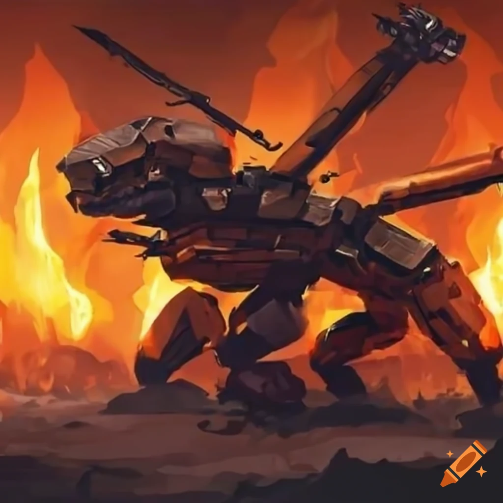 Boxy 4-legged mech in a fiery landscape on Craiyon