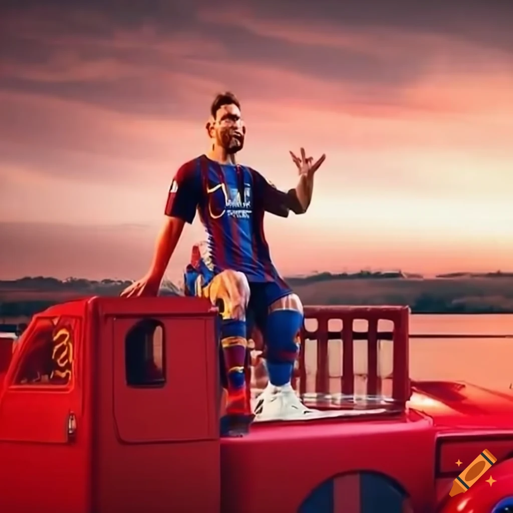 Lionel messi posing on a red truck in a sports setting on Craiyon