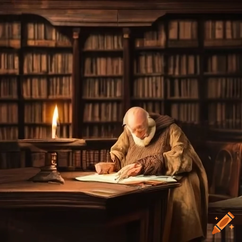 Dark dim lit medieval monastery library with old oak bookshelves and ...