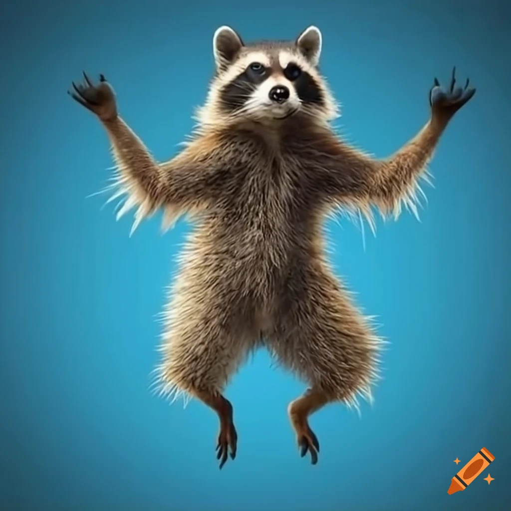 Raccoon dancing with arms in the air on Craiyon