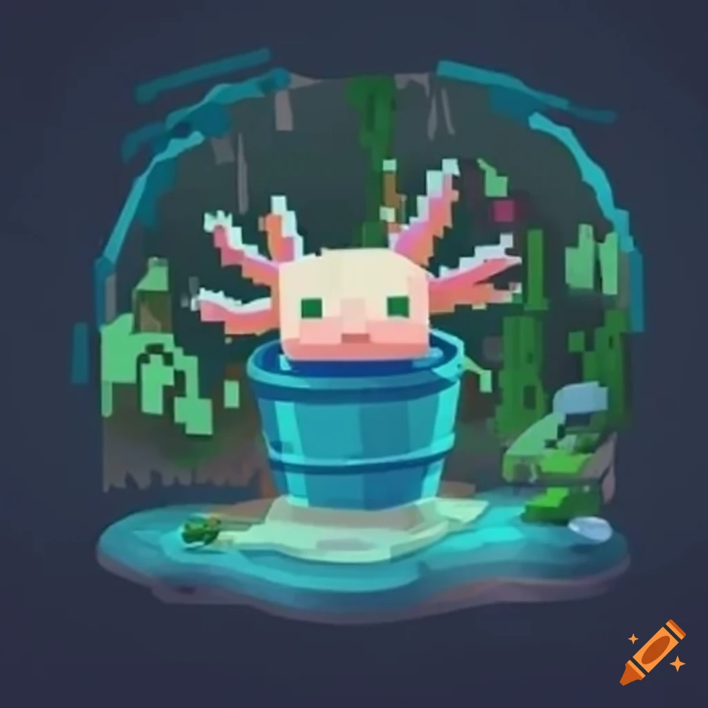 Axolotl on water bucket in lush minecraft cave on Craiyon