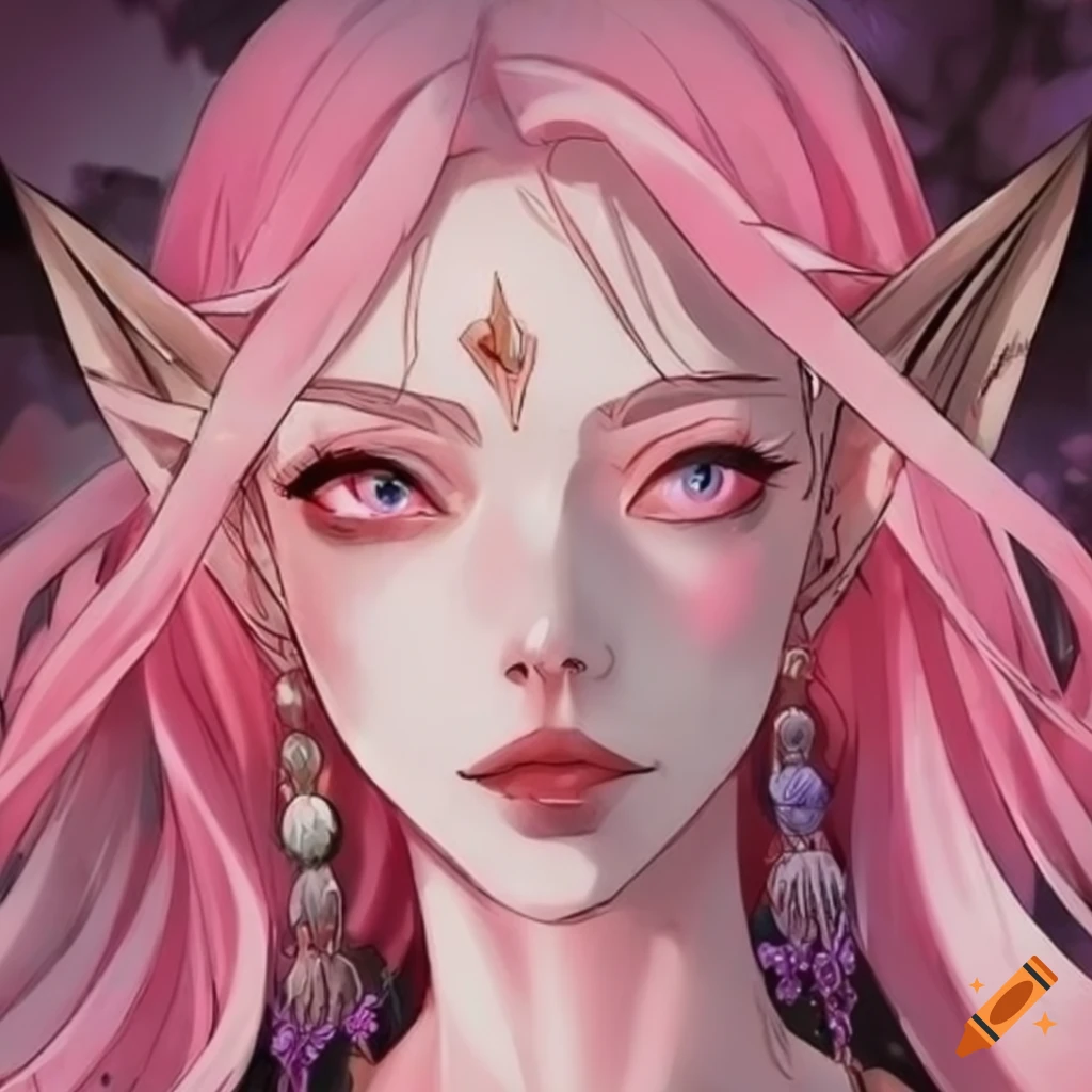 Pink and green haired elf queen with a manga aesthetic on Craiyon
