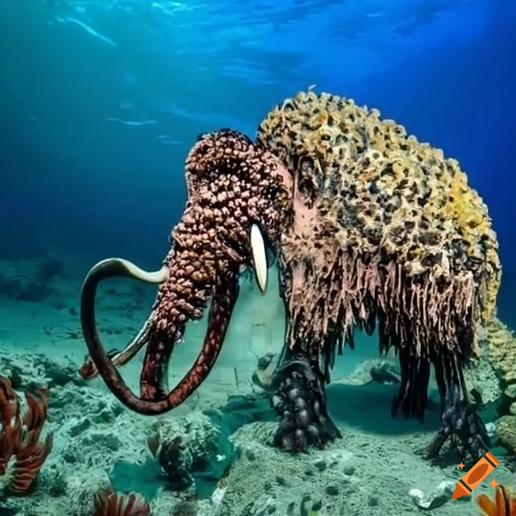 Underwater mammoth covered in seaweeds and barnacles on Craiyon