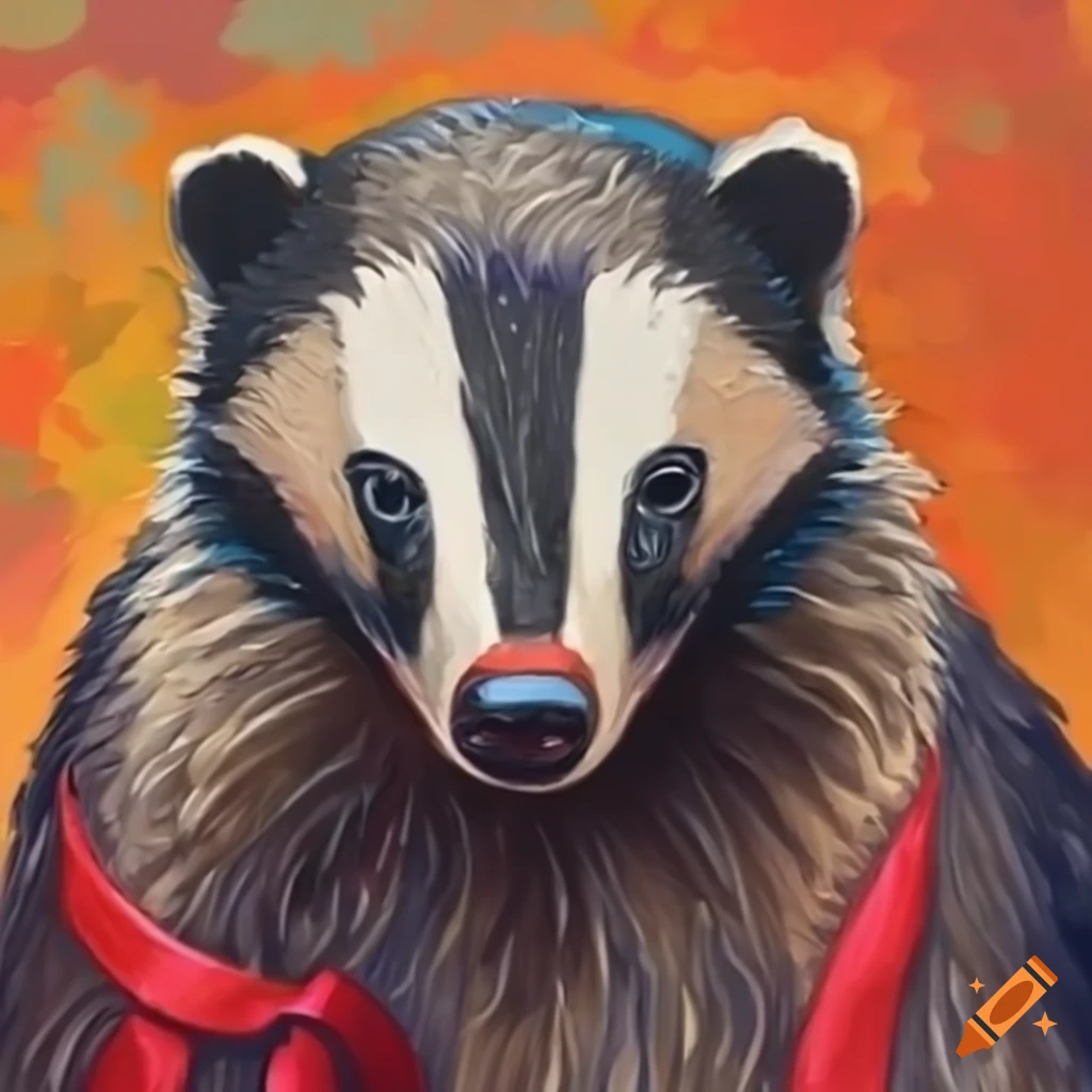 Dominant badger with a red sash leading followers in the forest on Craiyon