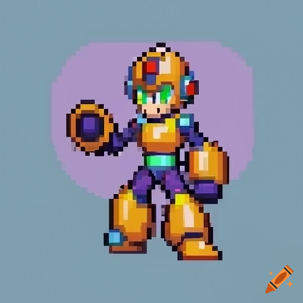 Boss character from mega man ii with a frisbee in pixel art on Craiyon