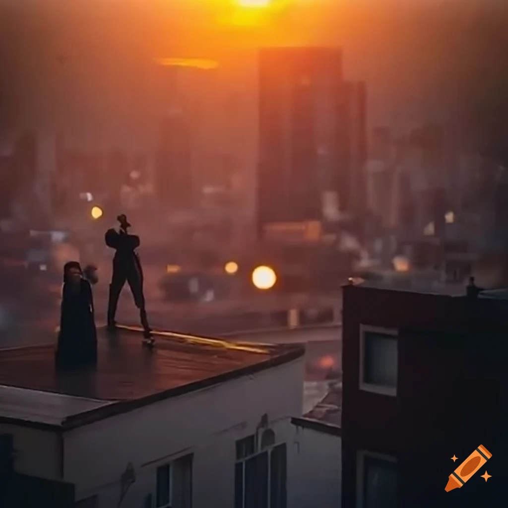 Surreal scene with a bodybuilder, sorcerer, and rapper on a rooftop at ...