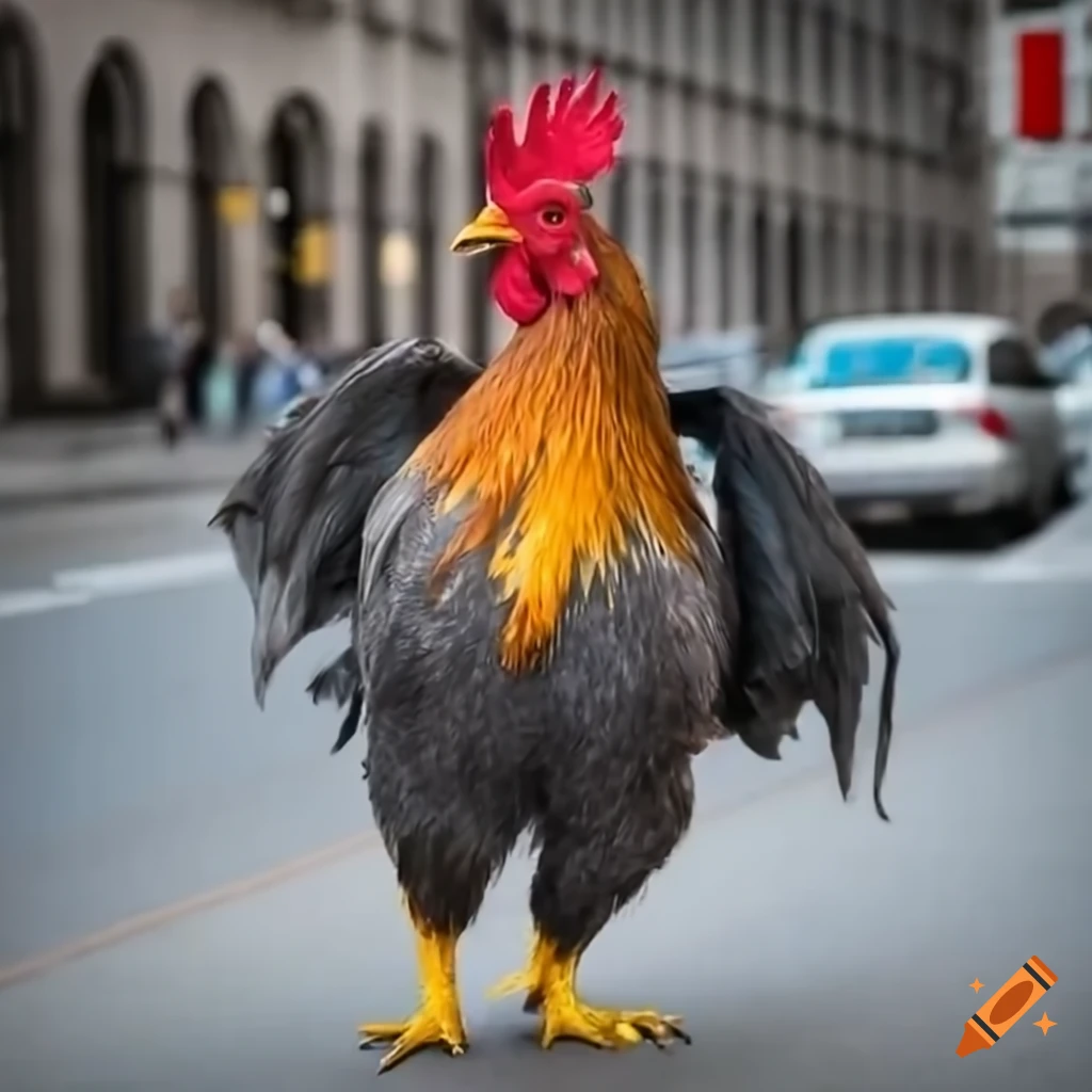 Rooster in business attire walking on a city street on Craiyon