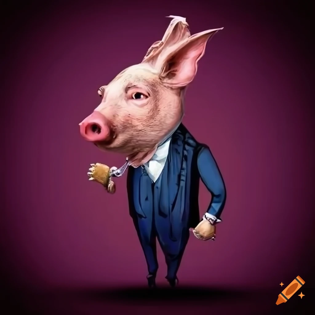 Pig in fancy gentleman clothes in a rich neighborhood on Craiyon