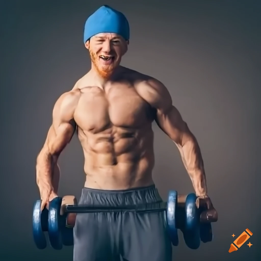 Ginger man lifting weights in a gym with a blue hat on Craiyon