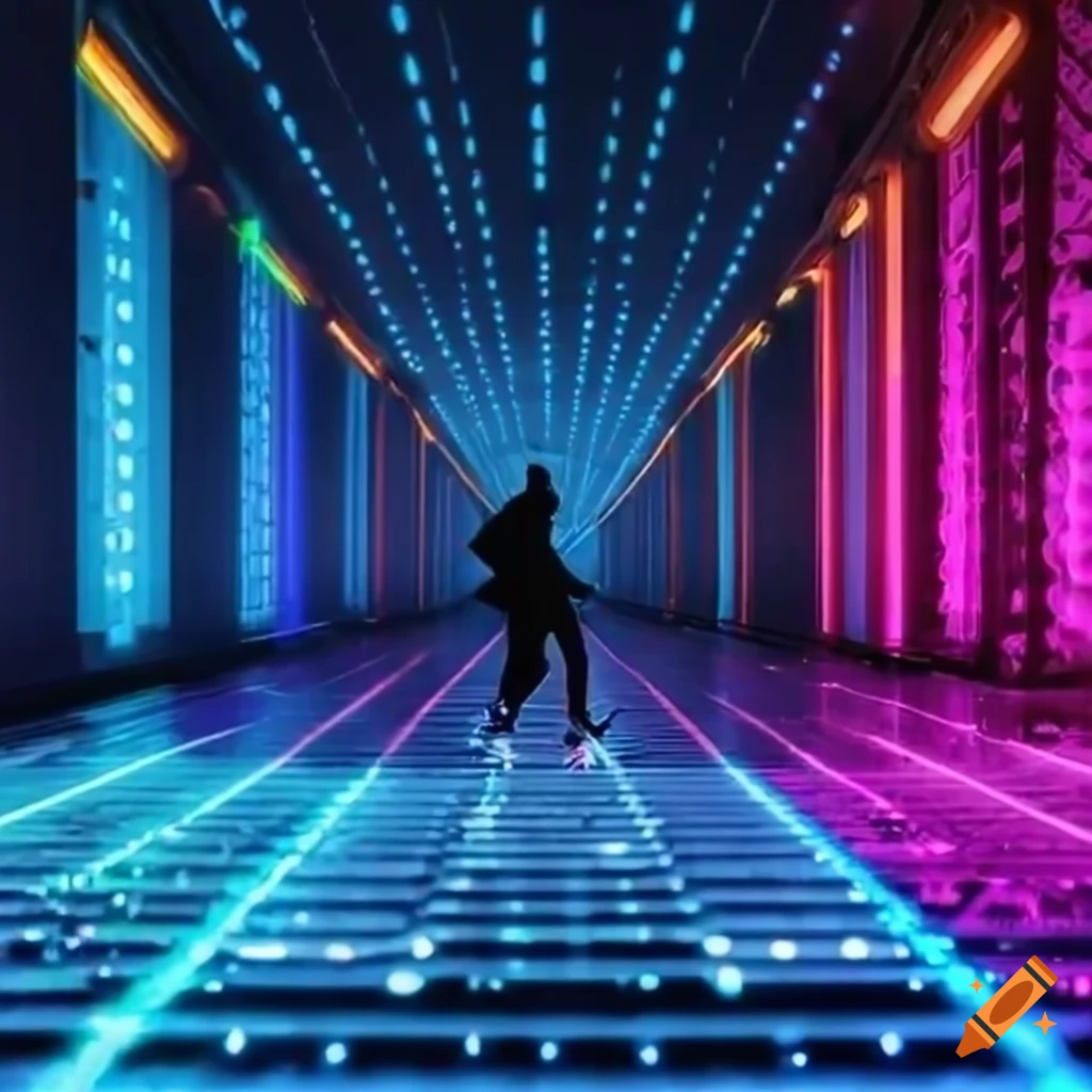 Neon lights illuminating a crowded techno dance floor on Craiyon