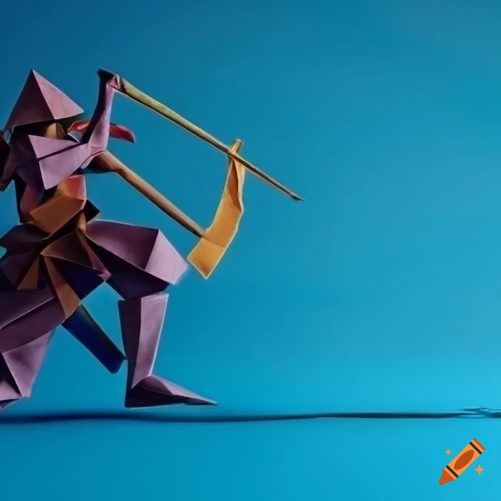 Origami samurai with high poly design on blue wood background on Craiyon