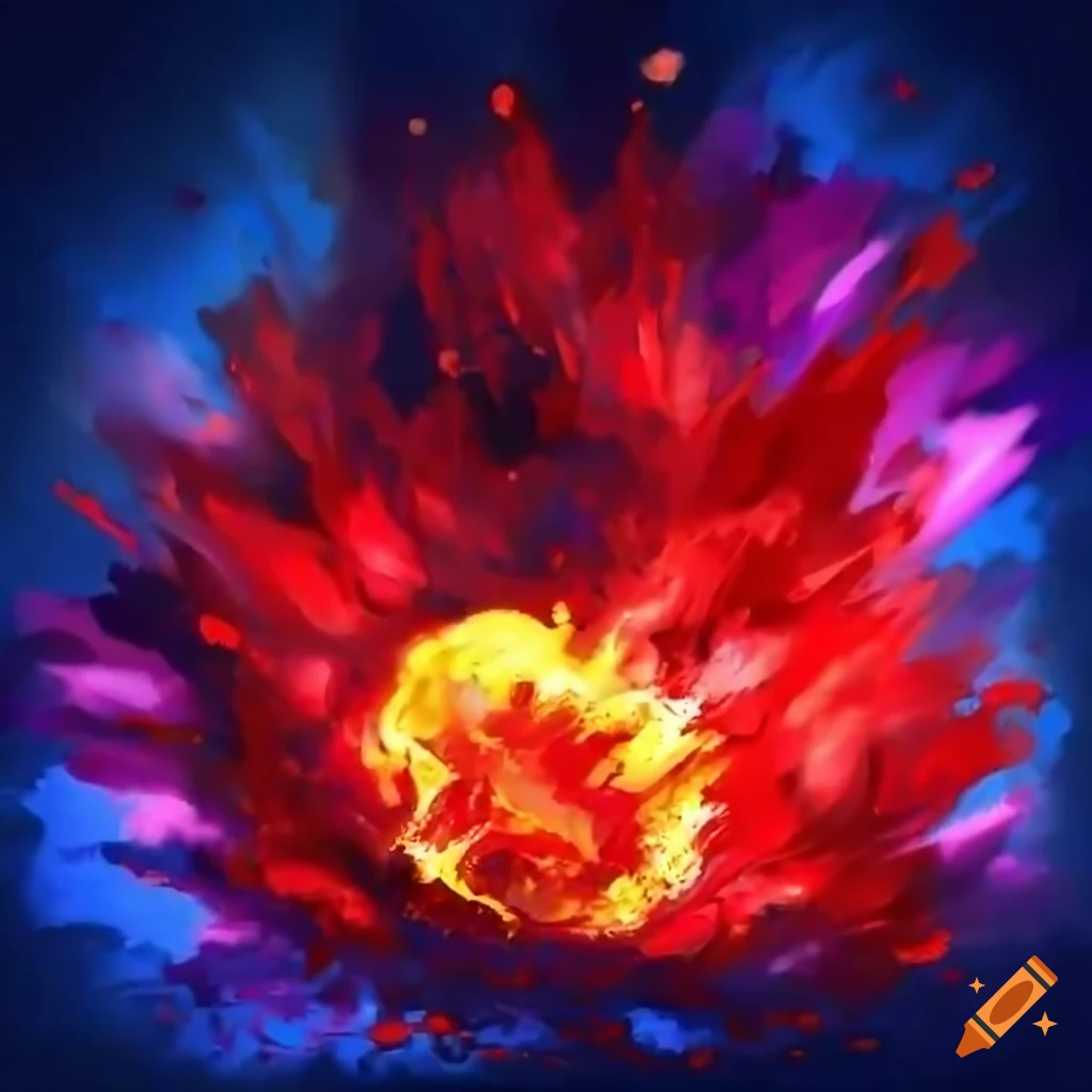 Explosion of red and blue magic in a fantastical setting on Craiyon