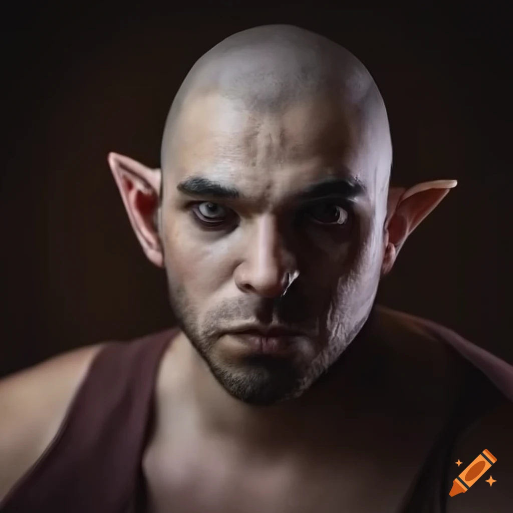Portrait of an orcish male knight with shaved black hair on Craiyon