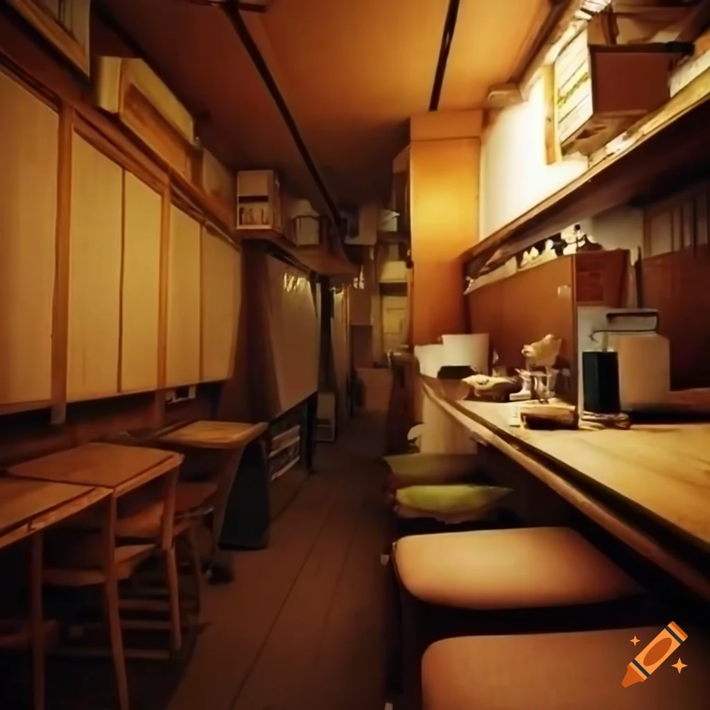 Japanese cafe interior with narrow buildings aesthetic on Craiyon