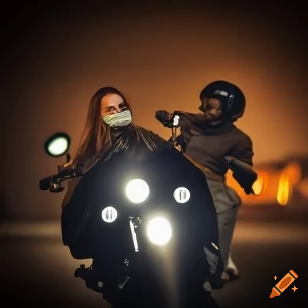 Dog driving a motorcycle with a human passenger in the sidecar on Craiyon