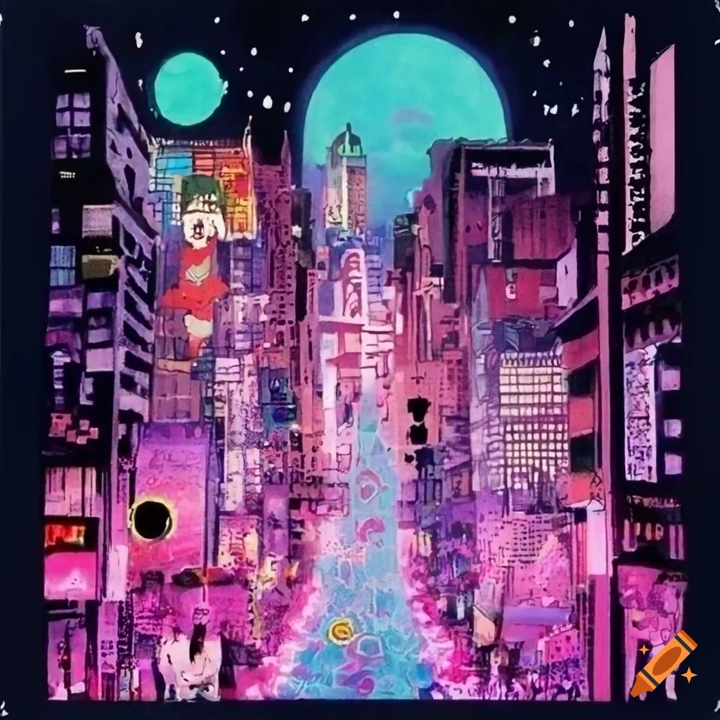 Lo-fi fantasy movie poster for midnight city by chiho aoshima on Craiyon