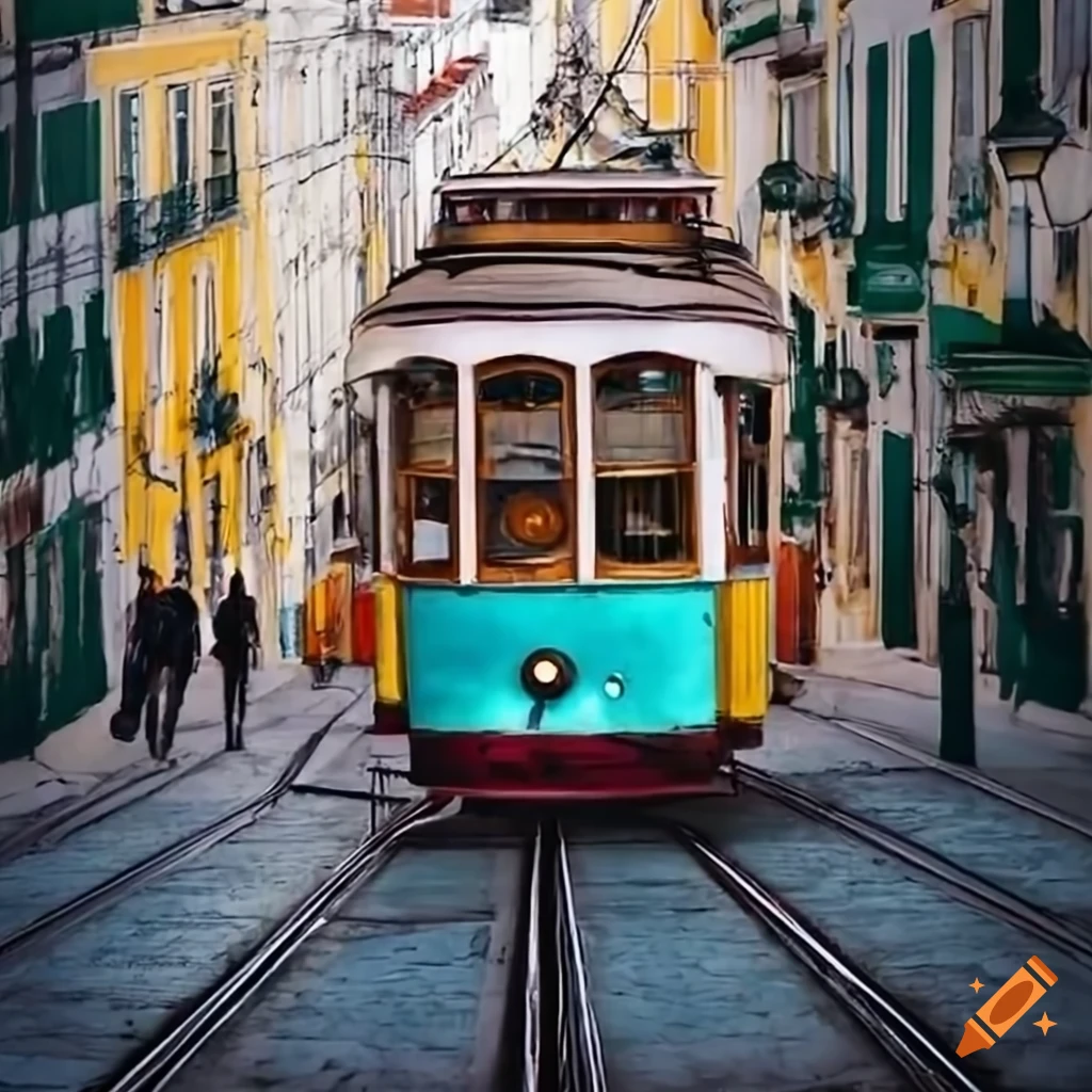 Mesmerizing colorful abstraction of vintage Lisbon tram on street on ...