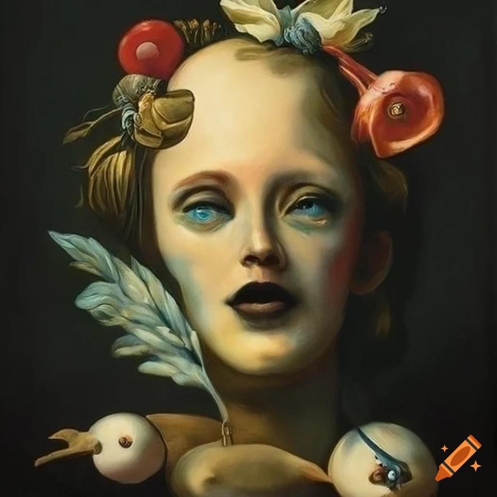 Surrealist painting with baroque elements and uncanny objects on Craiyon