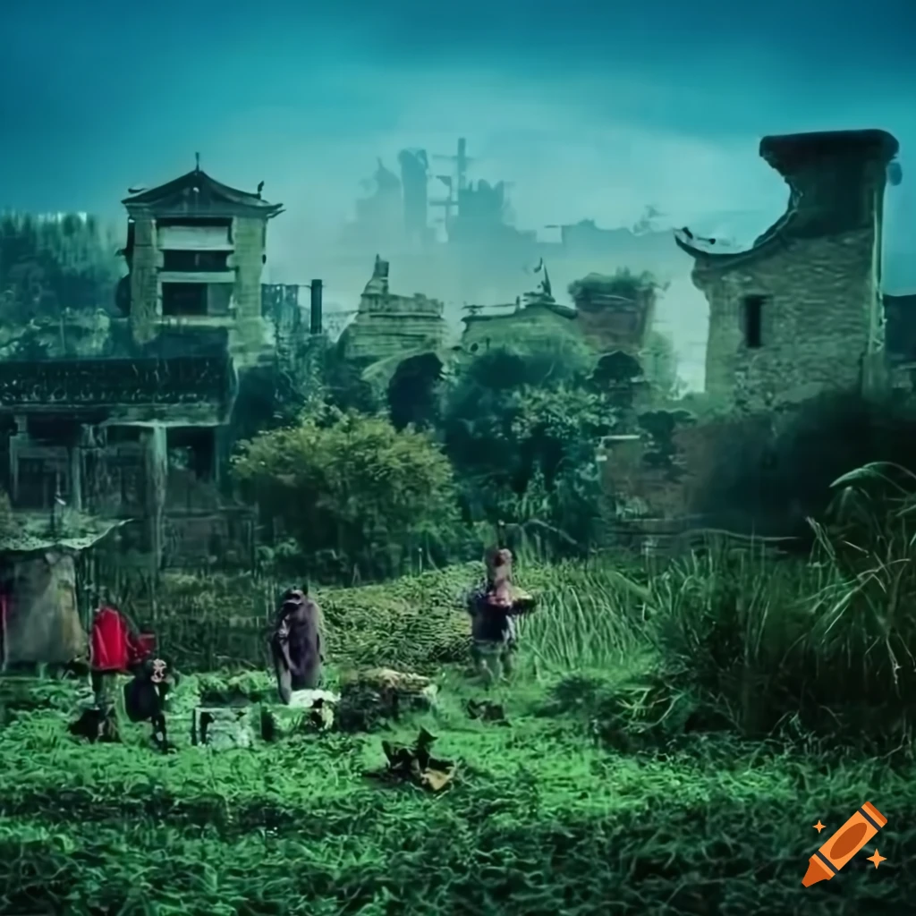 Retro-futuristic 1970s dystopian scene with people in chinese farming ...