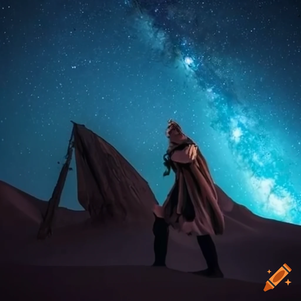 Desert warrior under a falling star-filled night sky on Craiyon