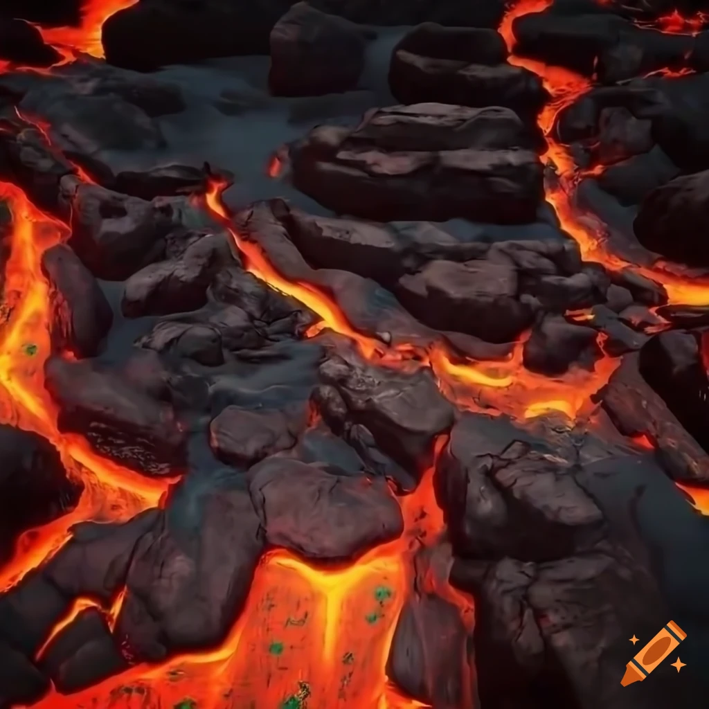 Magma rivers flowing through rocky paths in an aerial view on Craiyon