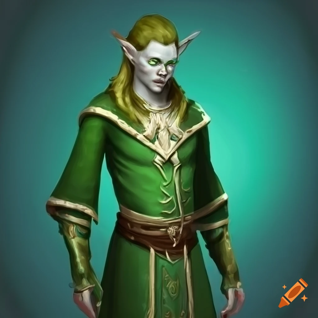 Detailed portrait of a male elf in green garb with pale blue skin and ...
