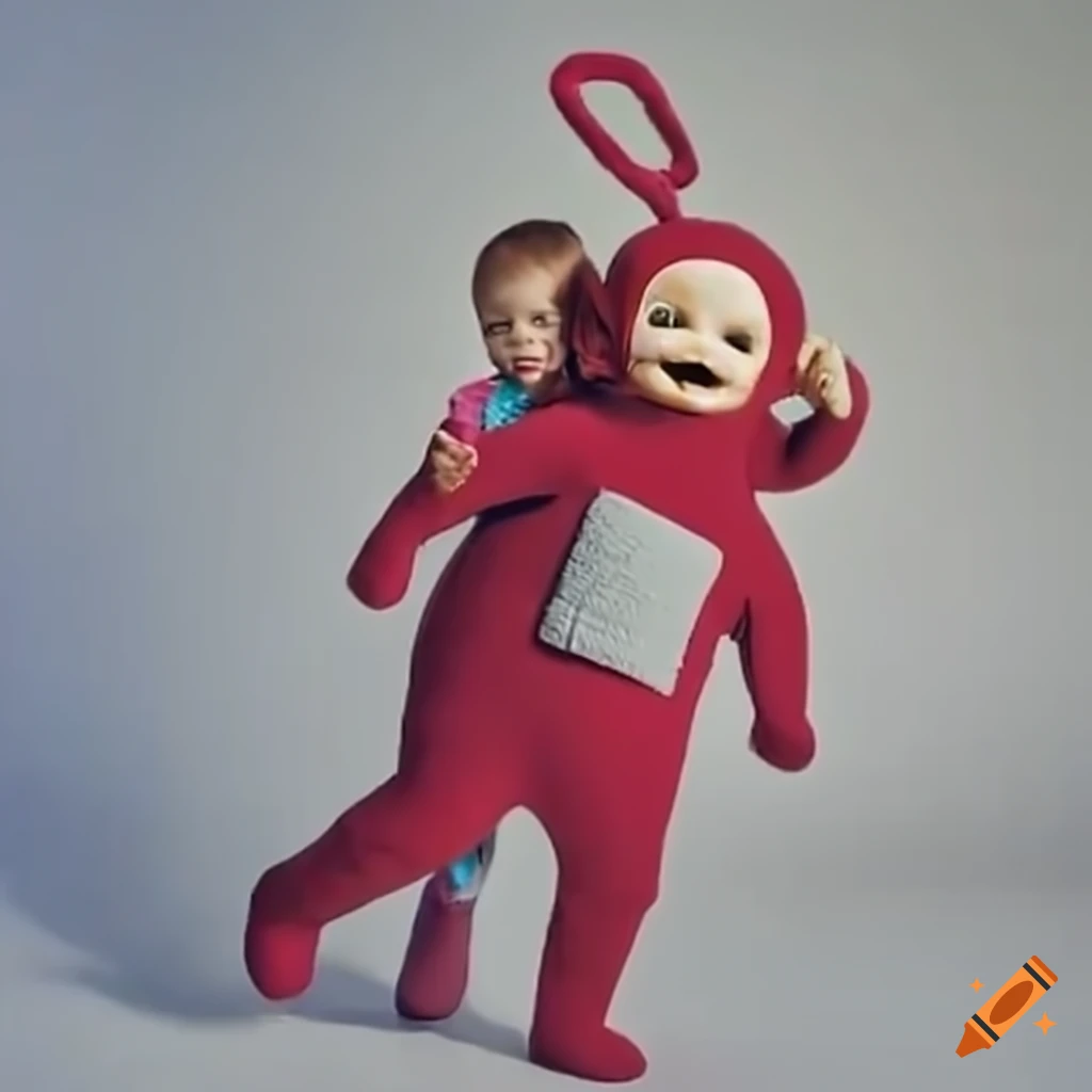 Female teletubby carrying a boy piggyback on Craiyon