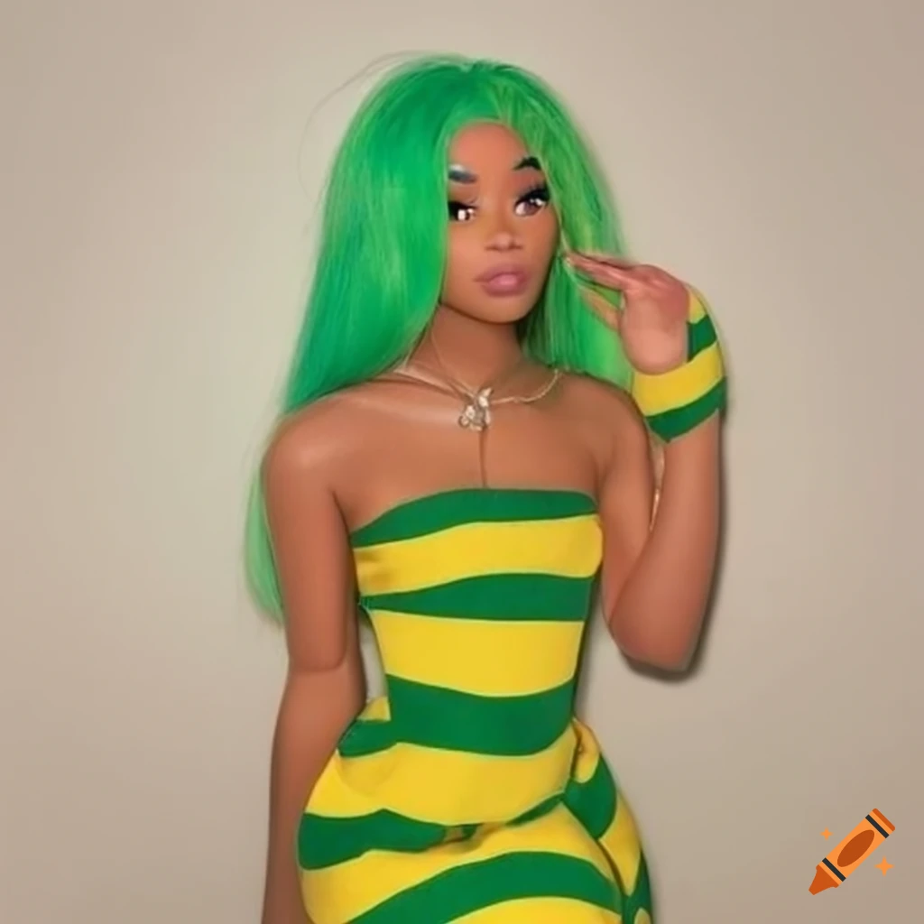 Baddie doll with yellow and green striped dress and green hair on Craiyon