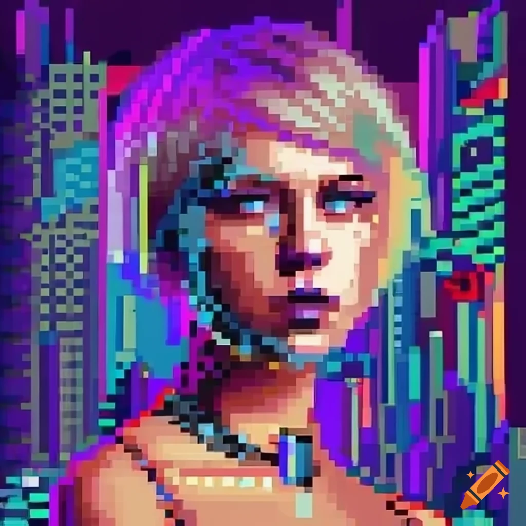 Pixel art portrait of a Russian android cyborg girl on a cyberpunk ...