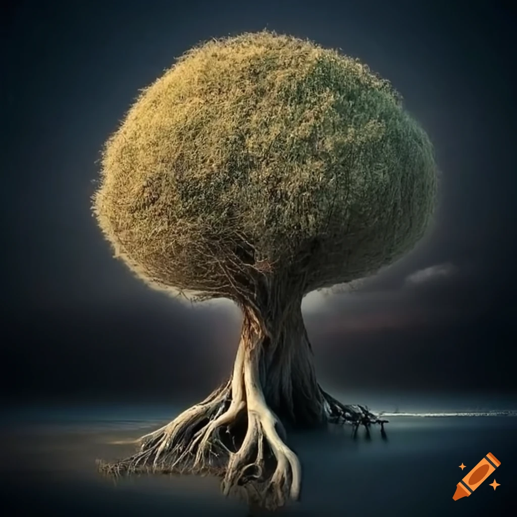 Old sturdy tree with deep roots enduring storms and winds on Craiyon