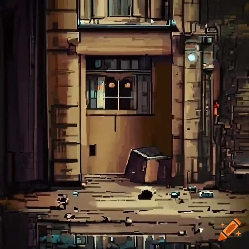 Pixel art closeup portrait of a lonely cardboard box in a rainy alley ...