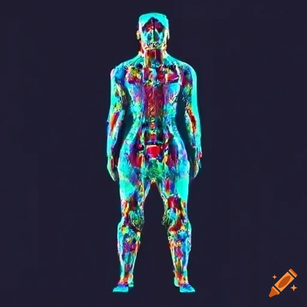 Glitch pattern forming a human shape showing the whole body on Craiyon