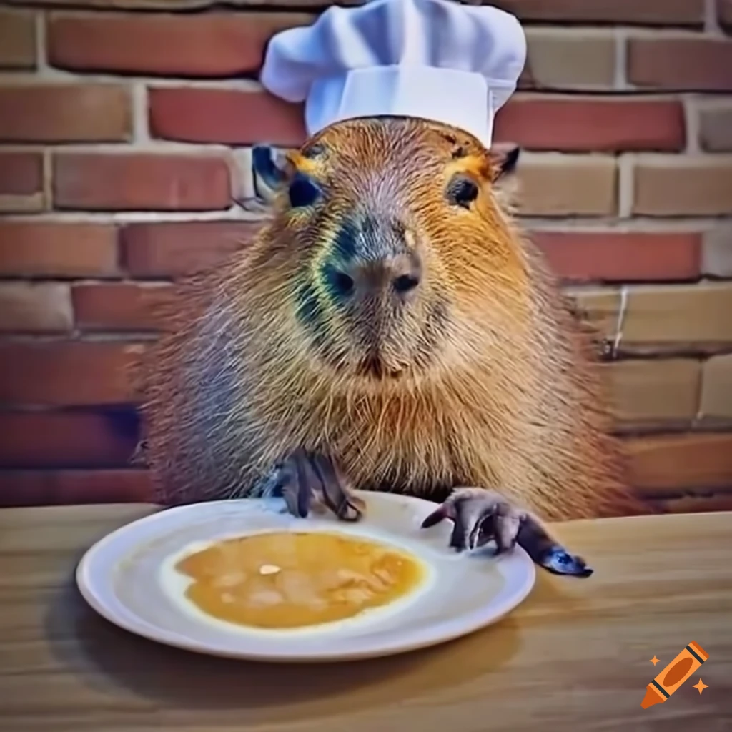 Cute small capybara in chef outfit cooking pancakes on Craiyon