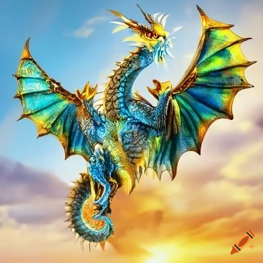 Mythical diamond dragon with yellow crystal wings flying in the sky on ...