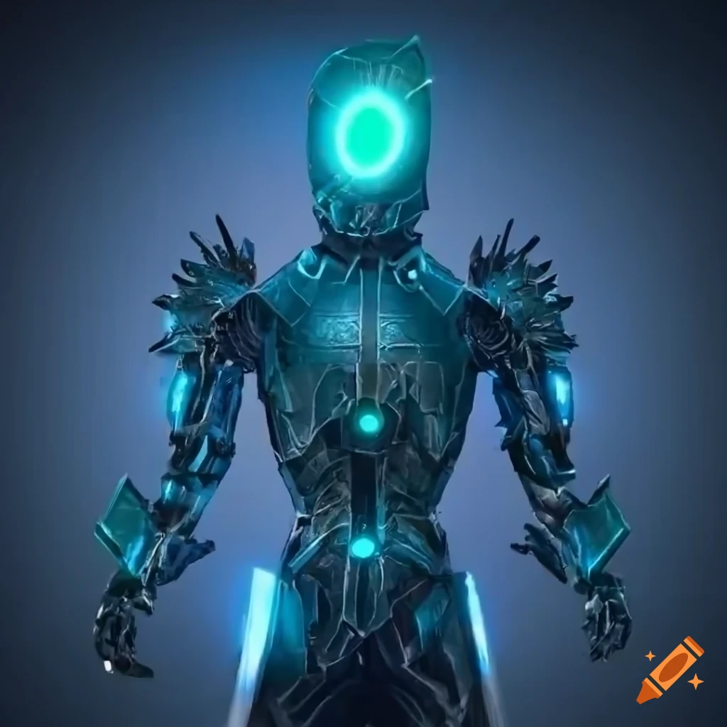 Detailed robotic knight with glowing eyes in a mystical battle scene on ...