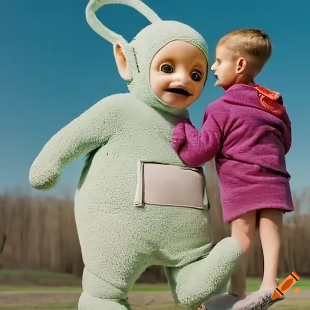 Female teletubby playfully offers to carry a boy in her arms on Craiyon