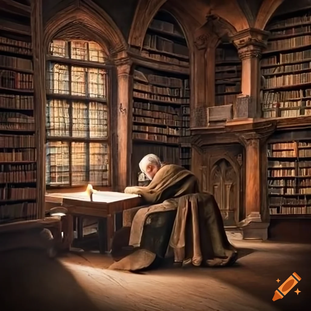 Dark dusty dim lit reading room of a secret medieval monastery library ...