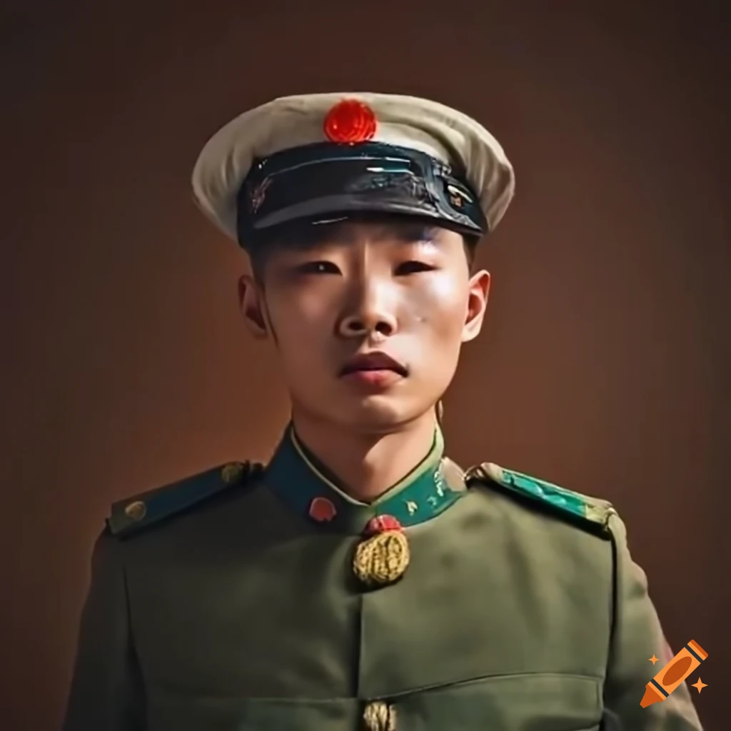 Young chinese man in a military uniform with conflicting insignias on ...